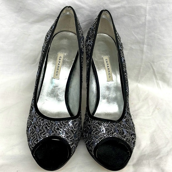 Caparros | Shoes | Caparros Silver Leather Satin Platform Toe Out Heels ...